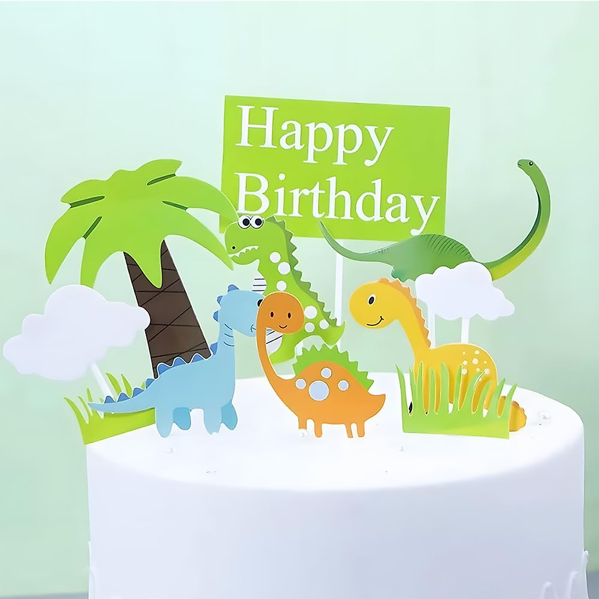 Dinosaur Cake Toppers for Boys and Girls, Dinosaur Cupcake Toppers Happy Birthday for Kids 1 2 3 4 5 6 7 8 year olds, Birthday Cake Decorations Cards Party Supplies with Clouds and Tree