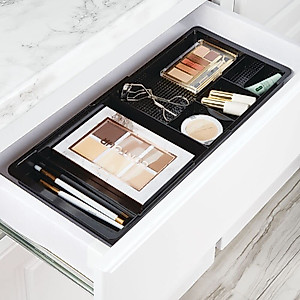 mDesign Adjustable, Expandable Divided Office Desk Drawer Organizer Tray for Office Supplies, Gel Pens, Pencils, Markers, Tape, Erasers, Paperclips, Staples - 7 Compartments, 1.25" High - Black