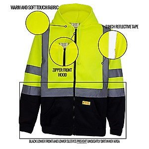 H9012 Men's ANSI Class 3 High Visibility Sweatshirt, Full Zip Hooded, Black Bottom (2XL)