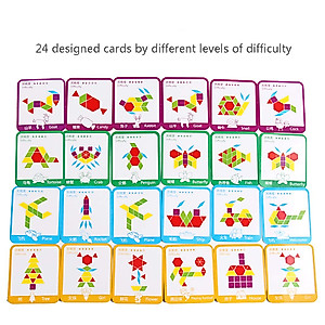 GEMEM 155 Pcs Wooden Pattern Blocks Set Geometric Shape Puzzle Kindergarten Classic Educational Montessori Tangram Toys for Kids Ages 4-8 with 24 Pcs Design Cards