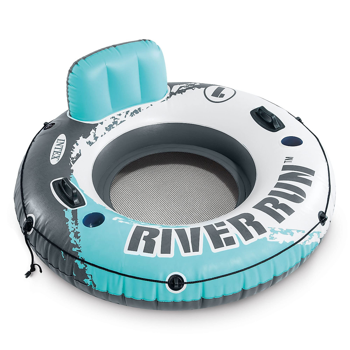 Intex 56825EP River Run 1 Inflatable Floating Lounge: Backrest – Built-in Cup Holders – Grab Handles – Grab Rope – 220lb Capacity – Color May Vary (2 Pack)