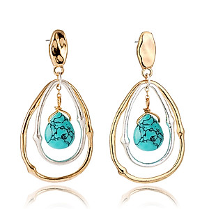 Turquoise Gold Hoop Earrings for Women,Turquoise Large Oval Drop Dangle Western Stylish Silver Earrings Jewelry