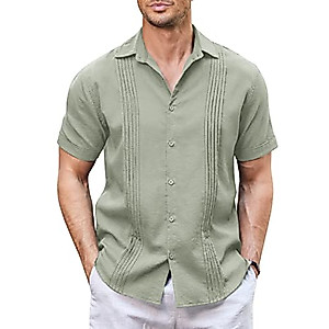 COOFANDY Beach Shirt Linen Guayabera Shirt Mexican Button Up Shirts Beach Casual Light Green