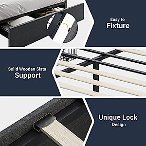 Allewie Full Size Platform Bed Frame with 3 Storage Drawers, Fabric Upholstered, Wooden Slats Support, No Box Spring Needed, Noise Free, Easy Assembly, Dark Grey