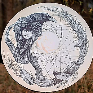 Firlar Shaman Drum, 10 Inch Crow Pattern Handmade Shaman Drum With Drum Stick, Spiritual Instrument, Exquisite Look, Siberian Drum Spirit Music Symbol, Sound Healer Shaman Drum white