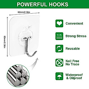 50 Packs Adhesive Wall Hooks 22lb(Max) Transparent Reusable Seamless Hooks,Waterproof and Oilproof,Bathroom Kitchen Heavy Duty Self Adhesive Hooks