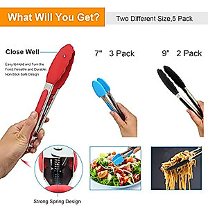 Kitchen Tongs with Silicone Tips - ForTomorrow Set of 5, 7 9 Inch Premium Silicone Tipped Tongs for Cooking Heat Resistant, Serving Food, BBQ
