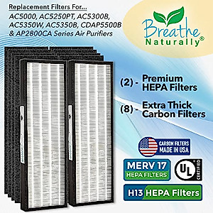 Breathe Naturally 2 Pack FLT5000 True HEPA Filter C Replacement with 8 Pack Activated Carbon Pre-Filters Compatible with AC5000 AC5000E AC5250PT AC5350B AC5350BCA AC5350W AC5300B Series Air Purifiers