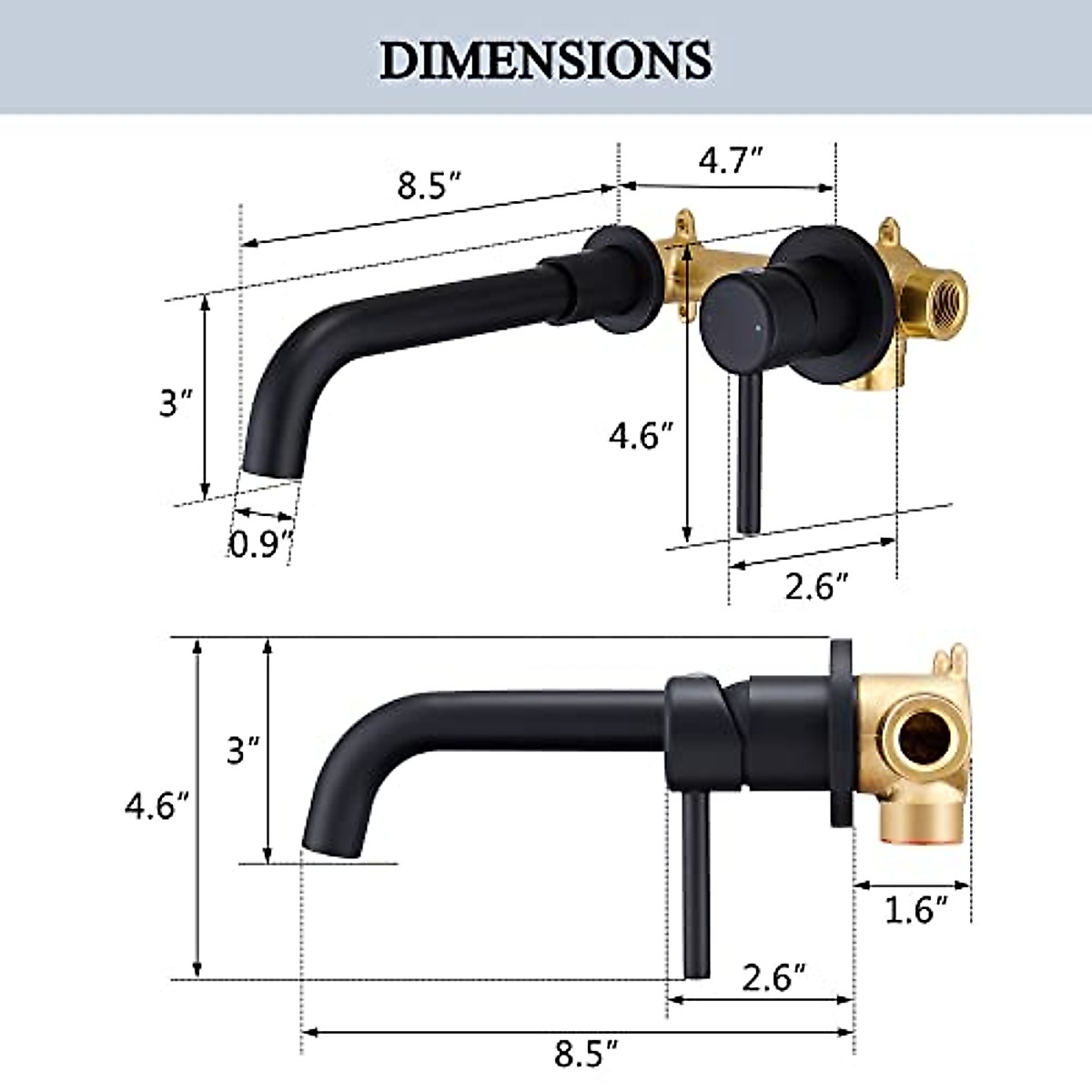 YardMonet Wall Mount Bathroom Faucet Matte Black, Single Handle Wall Mounted Bathroom Sink Faucet, 360° Swivel Solid Brass Long Spout, Rough-in Valve Included