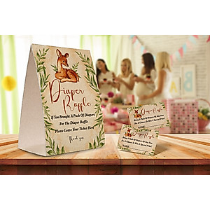 Tesedupoole Kraft Paper Diaper Raffle Sign,Diaper Raffle Baby Shower Game Kit (1 Standing Sign + 50 Guessing Cards),Woodland Forest Animals Insert Ticket-NPZ12