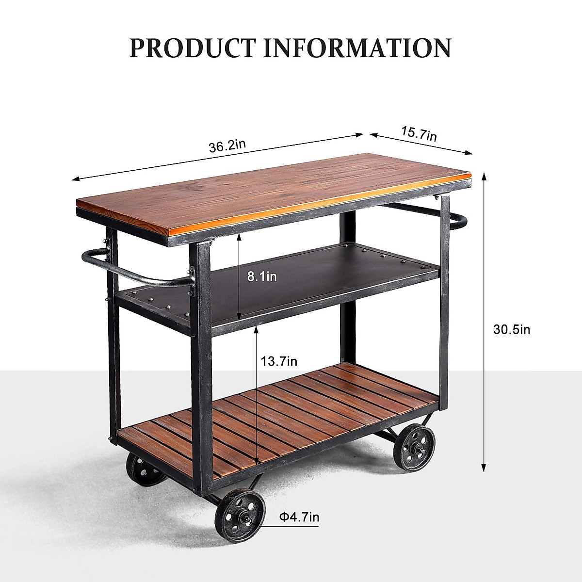 BOKKOLIK Vintage Rolling Bar Cart on Wheels Industrial Mobile Serving Cart Metal and Wood Design for Kitchen Bar Office Coffee House 36.2" Lx15.75 Wx30.5 H 3 Tier with 2 Side Handle