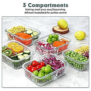 KOMUEE Glass Meal Prep Containers 3 Compartment with lids, 5 Pack 36 oz, Airtight Food Storage Glass Lunch Bento Box, Dishwasher and Microwave Safe,White