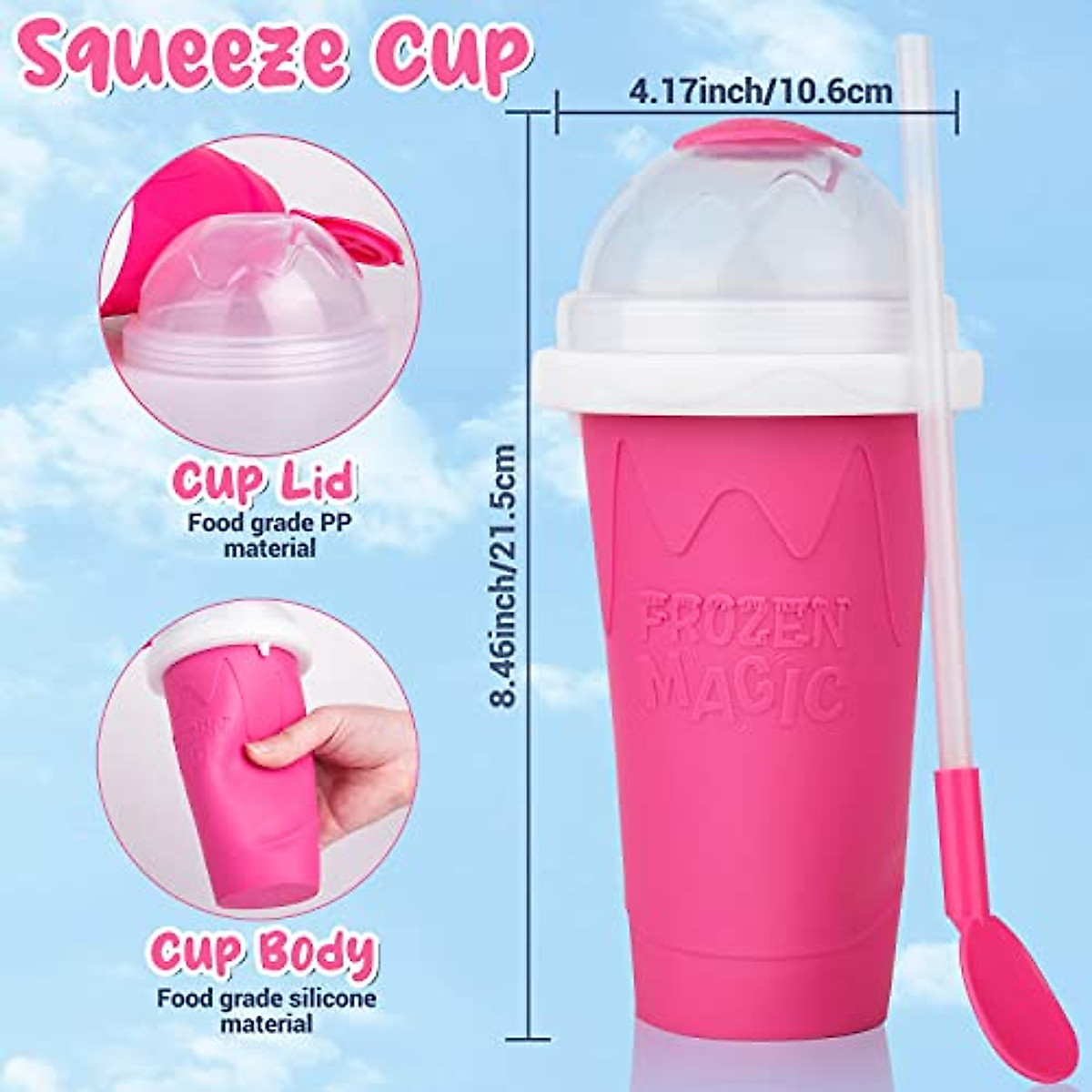 Slushie Maker Cup,FUROLD DIY Slushies Cup Frozen Magic Squeeze Cup Slush Cup Smoothies Double Layers , Homemade Slushie Machine w/ Straw and Spoon, Ice Cream Maker Cool Stuff Birthday Gifts for Kids(Blue+Pink)