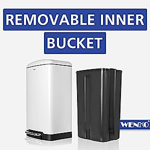 WENKO 54920218 8 Gallon Kitchen with Foot Pedal, Hands Free, Made of Steel, Dimensions (WxHxD): 13.4x24x12.8 in, Trash Can with lid, White