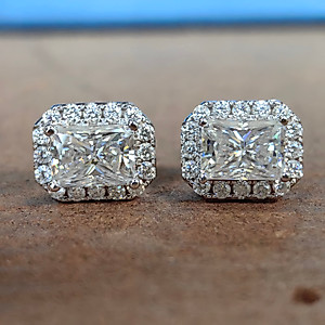 DovEggs Moissanite Stud Earrings for Women Solid 10K White Gold Post 2ct Center 5X7mm GHI Color Elongated Radiant Cut Moissanite Halo Stud Earring Accents Push Back Sterling Silver Earrings