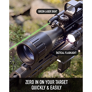 HIRAM 4-16x50 AO Rifle Scope Combo with Green Laser, Reflex Sight, and 5 Brightness Modes Flashlight