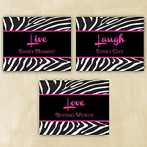 Live Laugh Love Animal Print Zebra Black and Hot Pink Wall Art Set of 3 5x7 or 8x10 Prints ((unframed))