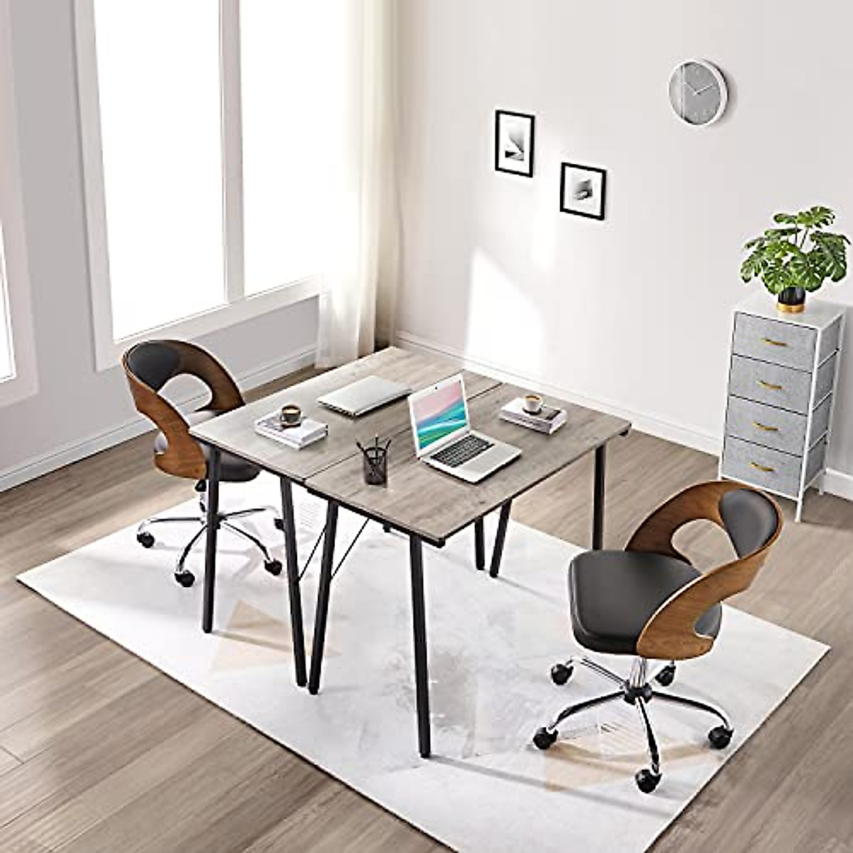 Yaheetech Home Office Desk Chair Modern Mid-Century Walnut Wood Chrome Finish Computer Chair Faux Leather Seat Height Adjustable Stool with 360° Swivel Wheels, Black