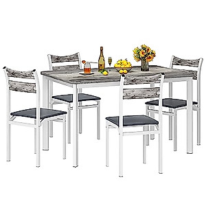 DKLGG Dining Table Set for 4, 43.3" Dining Room Table with 4 Upholstered PU Leather Chairs, Modern Wood Kitchen Table and Chairs Set, 5-Piece Dinette Set for Breakfast Nook, Small Places, Grey