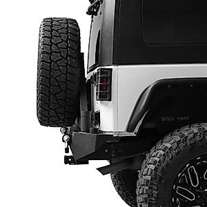 Hooke Road Offroad Rear Bumper with Spare Tire Carrier for 2007-2018 Jeep Wrangler JK & Unlimited 2/4 Doors, Built-in Hitch Receiver & LED Lights & D-rings