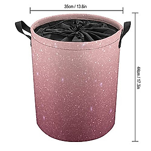 Rose Gold Glitter Laundry Basket Pink Bling Printed Laundry Hamper Collapsible Round Girls Dirty Clothes Hamper Toys Storage Basket with Drawstring for Kids Bedrooms Nursery