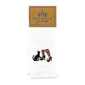 Serafina Home Decorative Halloween Fingertip Towels: Plush White Embroidered Cotton Witch Shoes with Cat Design, 2 Piece Set, 11" x 18" Inch Each (White)