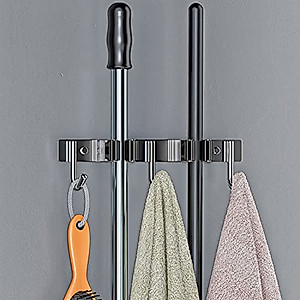 SAYONEYES Screw and Adhesive Broom Holder Wall Mount - Heavy Duty SUS304 Stainless Steel Broom and Mop holder for Laundry Room, Garden, Garage (2 Racks 3 Hooks - Black)