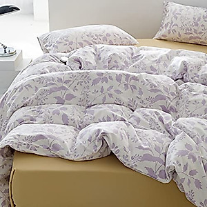 MKXI Purple Floral Bedding Queen Duvet Cover Girls Botanical Bed Cover White and Purple Print Reversible Comforter Cover Adults Cotton Bedroom Collection