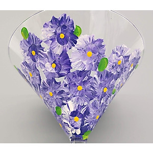 Purple Flowers Hand Painted Martini Glass - Sparkly Purple, Pretty Flower Cocktail Glass