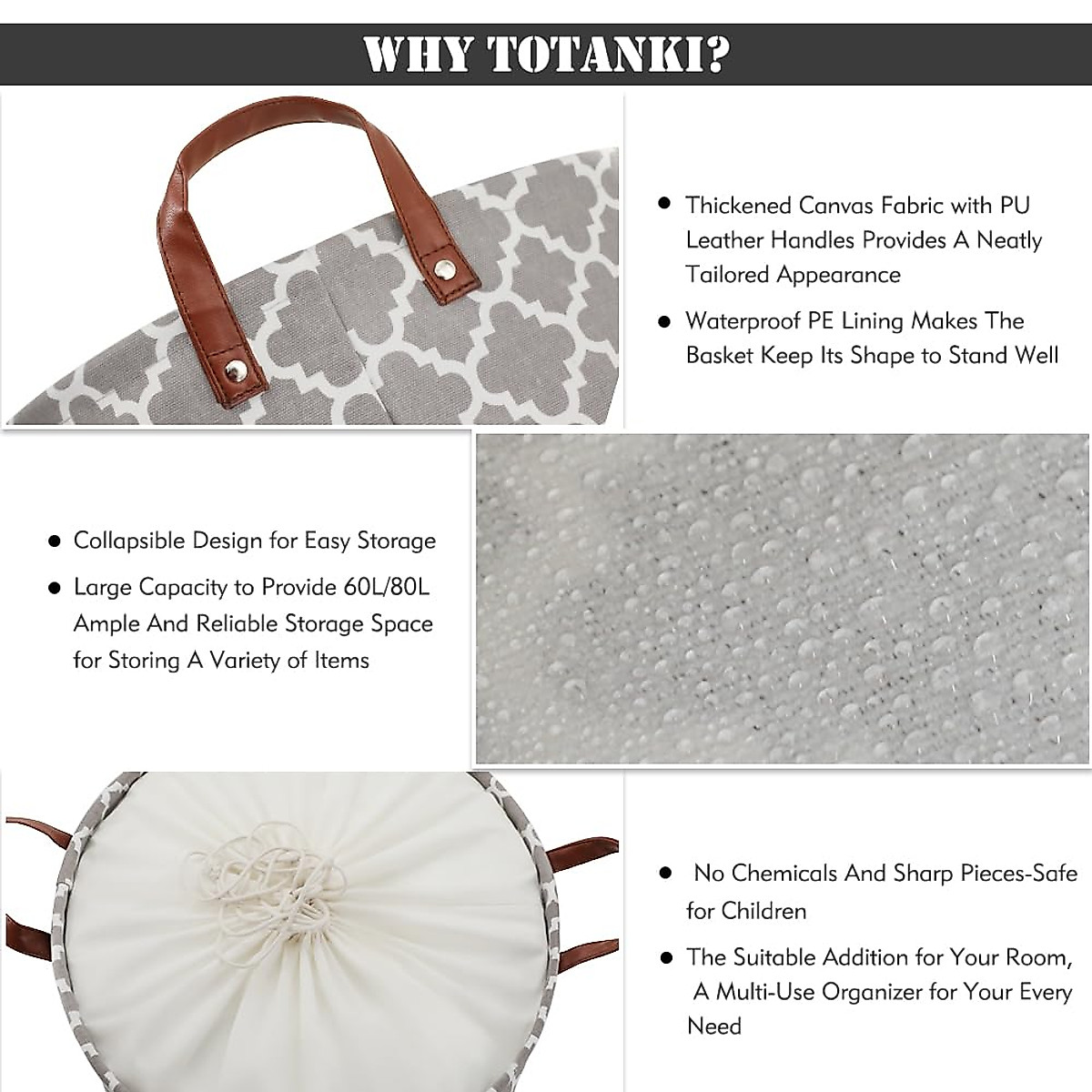 TOTANKI 60L Large Laundry Basket with Durable Leather Handle, Thickened Drawstring Round Collapsible Laundry Hamper, Dirty Clothes Storage Basket for Bedroom, Bathroom, College Dorm (Grey, L)