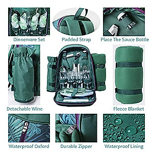 Picnic Backpack for 4 Person, Large Picnic Bag Set with Cooler Compartment, Wine Bag, Picnic Blanket for Camping, Day Travel, Hiking, BBQs, Family or Wedding Gifts (Green)