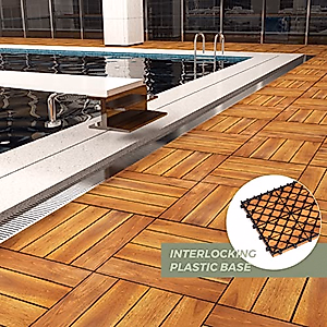 Interlocking Acacia Hardwood Deck Tile (Pack of 10, 12"x12") - Patio Tile With Solid Wooden Oiled Finish, Waterproof All Weather (12x12x0.85 Inch, 4 Slat on Each)