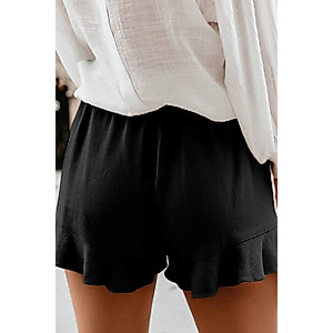 HUUSA Beach Shorts Women Casual Loose Fashion Ruffle Elastic Waist Mid Rise Workout Running Black Short with Pockets XL