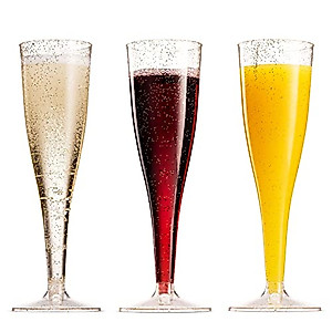 50 Plastic Champagne Flutes - Disposable Champagne Flute - Gold Glitter Plastic Champagne Glasses for Parties, Mimosa Bar, Events, Wedding and Shower Party Supplies - Toasting Cocktail Cups