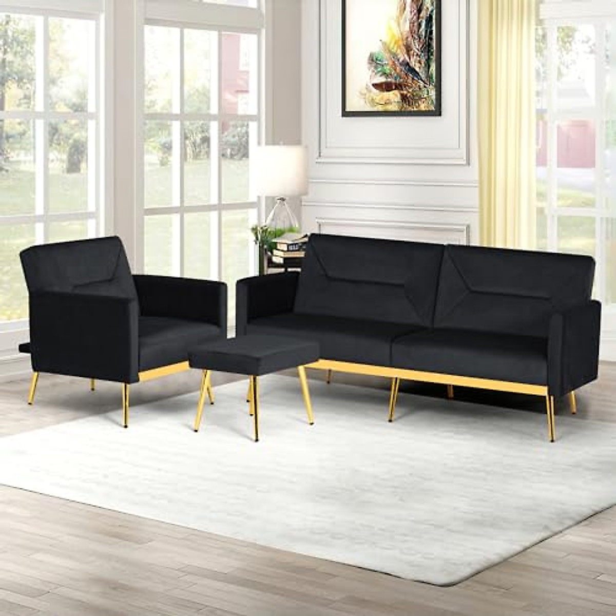 Lesofair Velvet Sofa Bed with Adjustable Backrest, Tufted Futon with Adjustable Armrests, Convertible Sleeper Couch w/Golden Legs for Living Room, Bedroom, Waiting Room, Black