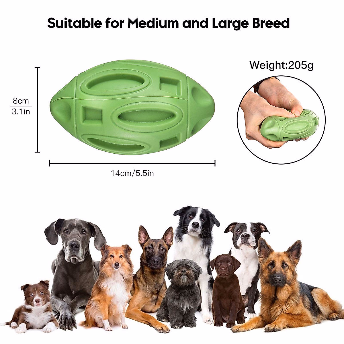 ZHAN Multifunctional Durable Natural Rubber Dog Training Ball Toy Squeaky Chew Interactive Teeth Cleaning Rugby Toy Pet Exercise Game Ball for Medium and Large Dogs (Green)