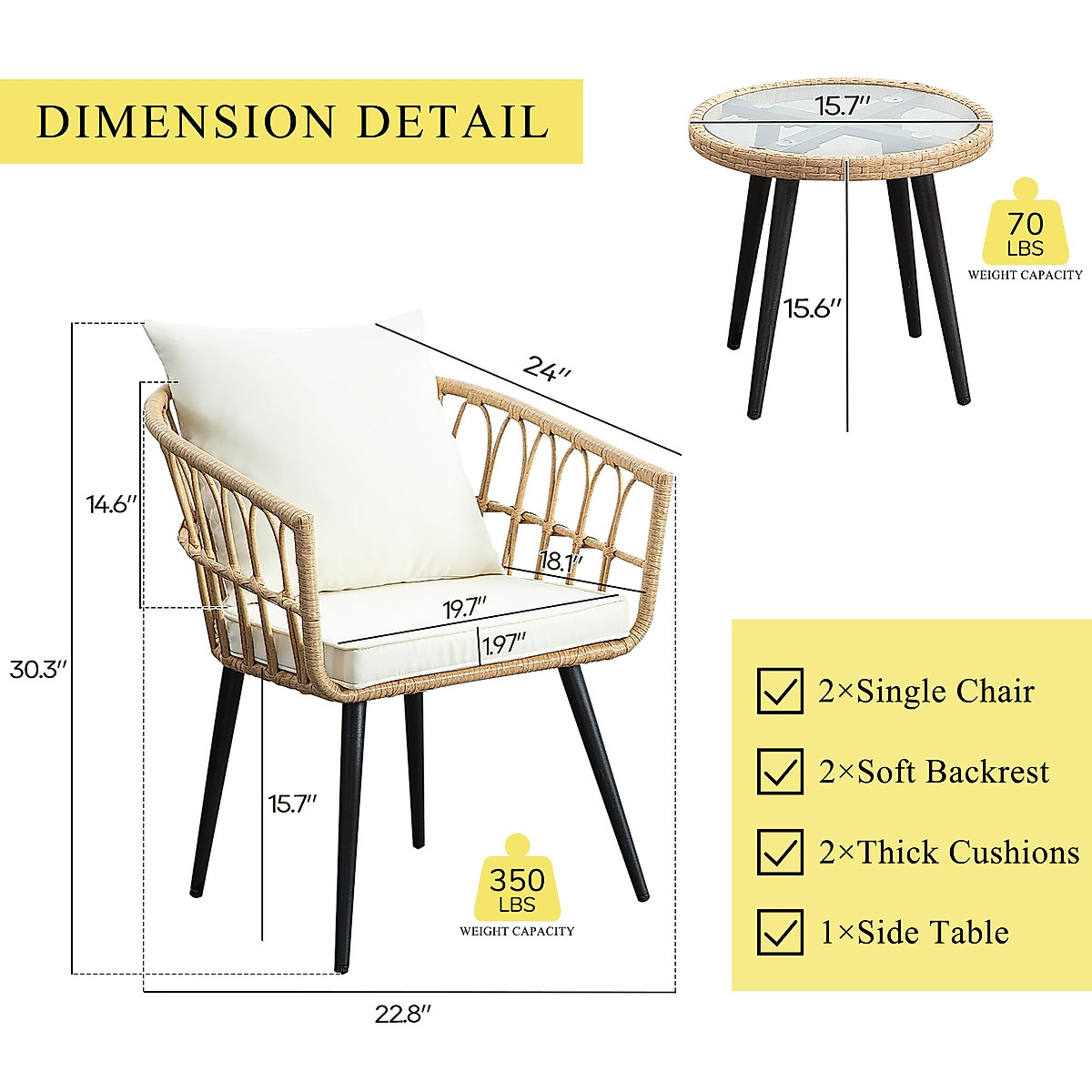 HYDRAGARDEN 3 Piece Patio Bistro Set, Outdoor Wicker Conversation Chair Sets Balcony Furniture with Coffee Table & Cushions, All-Weather Rattan Table and Chairs Set for Porch Backyard Deck Poolside