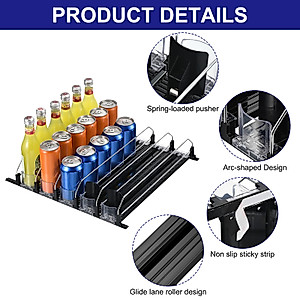 uxcell 6pcs Soda Can Organizer for Refrigerator, Self-Pushing Drink Organizer for Fridge, Width Adjustable Drink Dispenser Beverage Pusher For Pantry Vending Machine, Black