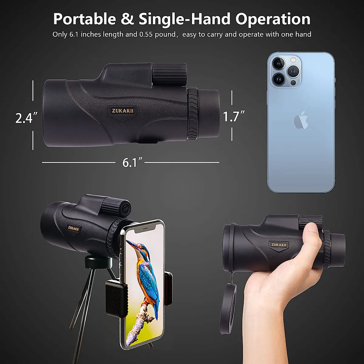 zukakii 12x50 Monocular Telescope, 2021 Mini Waterproof Telescope for Adult with Smartphone Holder & Tripod, BAK4 Prism FMC Lens for Bright Large View Bird Watching Hunting Hiking Camping Travel
