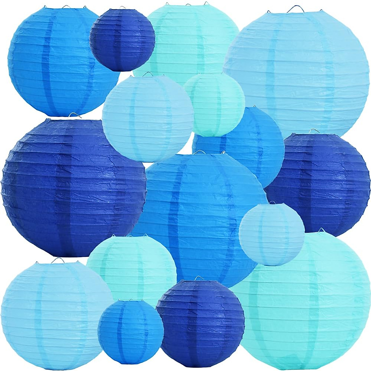 BEISHIDA 16 Pcs Blue White Round Paper Lanterns Decorative Hanging Asia Chinese Japanese Paper Lanterns Lamp for Birthday Wedding Baby Bridal Shower Home Decor Party Decoration