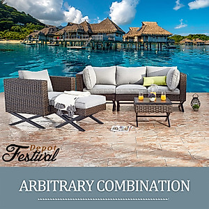 Festival Depot Patio Side Coffee Table Outdoor Bistro Dining Furniture with Wood Grain Top, Wicker Rattan and X Shaped Metal Steel Legs (Brown)