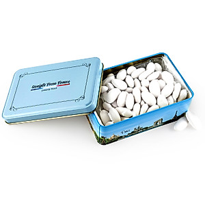 Straight from France Premium Candied Almonds (French Jordan Almonds) in Paris Themed Tin, Great Candy Gift Tin Ideal as a Party Favor and for the Holidays, 90 count (White)