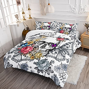 DYcolor 3D Gothic Flower Butterfly Skull Quilt, 3-Piece Flying Skeleton Butterfly Skull Comforter Set with 1 Comforter and 2 Pillow Cases for Kids, Teens, Adults (White, Queen)