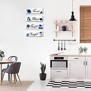 Blue Wall Decor for Living Room 4 Pieces - Focused Grateful Blessed Thankful Wood Signs, MONKLE Flowers Wall Art Decor Wooden Hanging Plaques, Floral Art Decorations for Home Kitchen Living Room