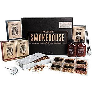 Smokehouse by Thoughtfully, Smoking BBQ Grill Set, Includes 3 Types of Wood Chips, Smoker Box, 2 Sauces and 6 Rubs, Thermometer, Tongs and Grill Guide