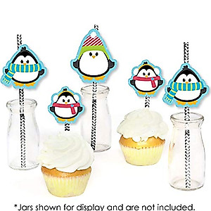 Holly Jolly Penguin Paper Straw Decor - Holiday & Christmas Striped Decorative Straws - Set of 24