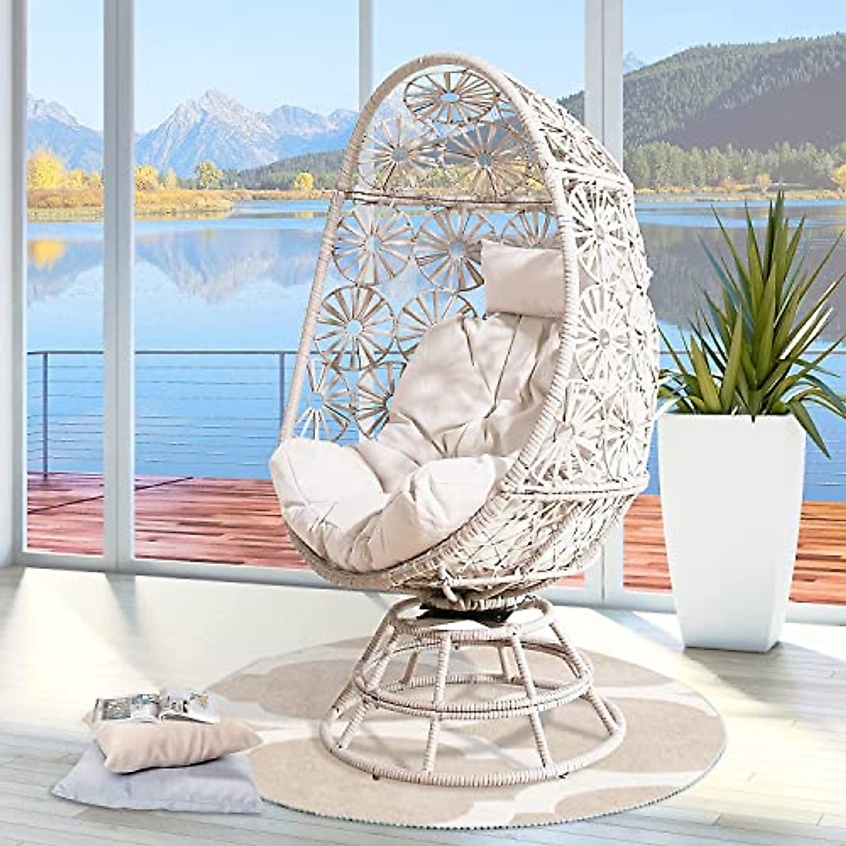 Egg Chair Outdoor Patio Furniture Wicker Swivel Nest Chair for Indoor with Cushion and Pillow