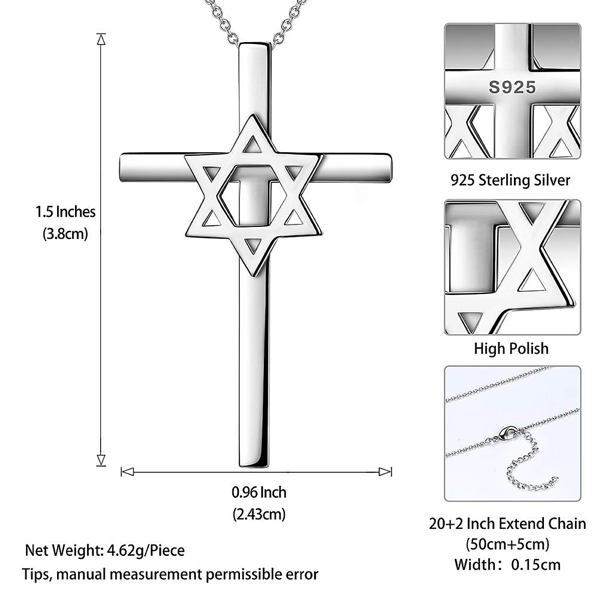Star Of David Necklace for Women Men 925 Sterling Silver Jeweish Star Necklace Magen David Necklace Star of David Charm Cross Pendant Necklace Jewish Jewelry for Womens Chrismtas Gifts FP0110W