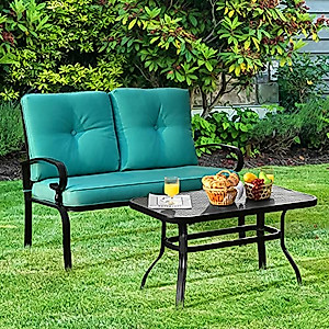 SMLJLQ 2PCS Patio Loveseat Bench Table Furniture Set Cushioned Chair Turquois Loveseat Coffee Table