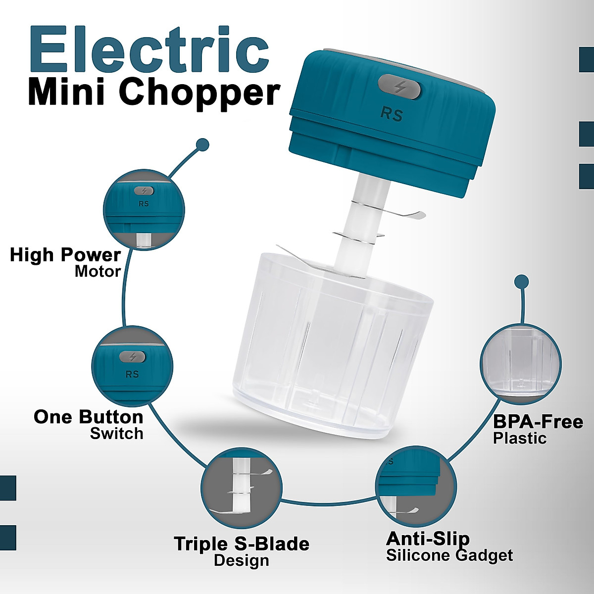 Real Simple Electric Mini Food Processor | Great for Garlic, Onion, Ginger, Jalapeño, Mini Chopper for Quick Food Prep Station | Portable USB Charging, 250 ML Food Container | Blue